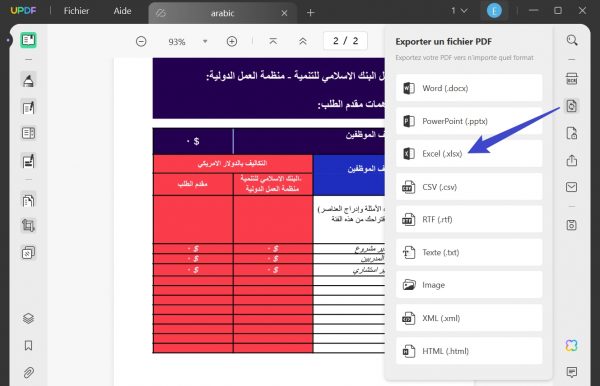 Comment convertir un PDF en arabe en Excel rapidement | UPDF