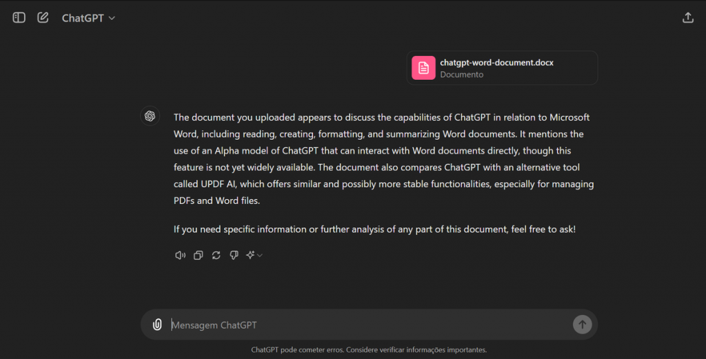 ChatGPT Alpha: upload, ler e criar documentos de palavras | UPDF