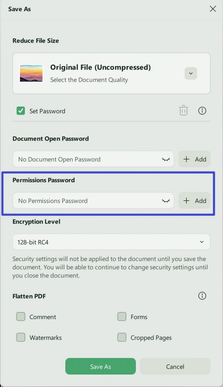 Change Permissions on PDF With/Without Password - UPDF