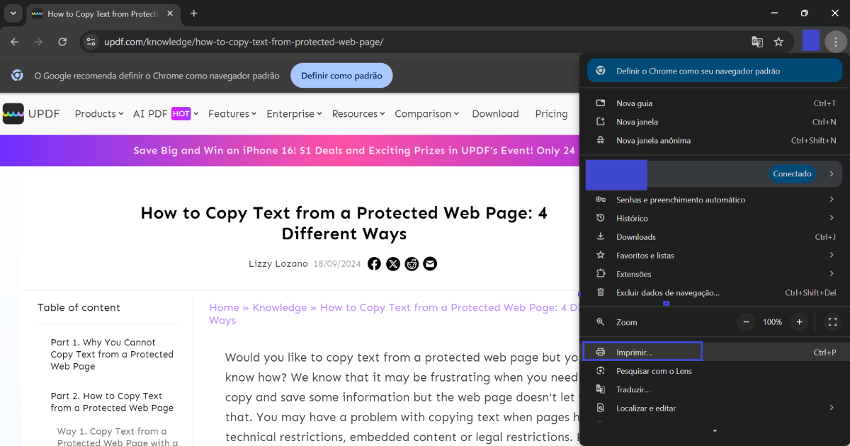 Como Copiar Texto de uma Página da Web Protegida? UPDF