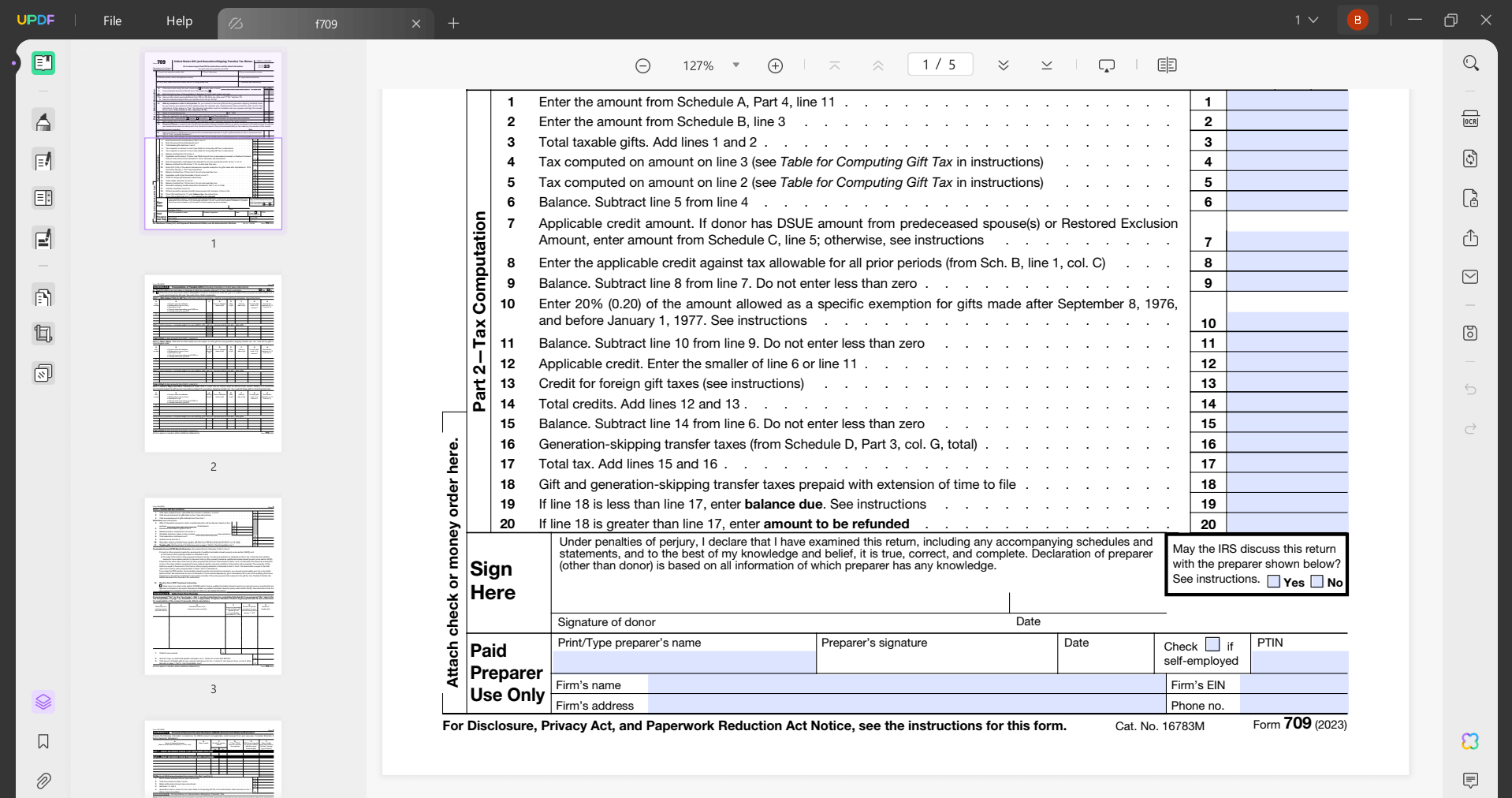 Exemple de Formulaire 709 de l'IRS Rempli | UPDF